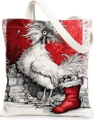 Generic Sac fourre-tout en toile motif oiseau de No&euml;l, sacs l&eacute;gers et lavables avec bandouli&egrave;re r&eacute;utilisable style vintage T, Rouge, 13x15 Inch