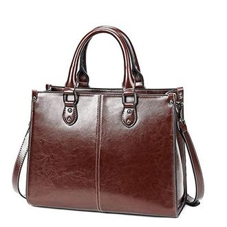 Generic Grand sac &agrave; main pour femme en cuir v&eacute;ritable avec poign&eacute;e sur le dessus, sac &agrave; main tendance en cuir brillant, marron, Large