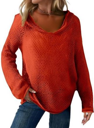 Generic Pull pour femme en crochet ajour&eacute; &agrave; manches longues et &eacute;paules tombantes - Pull &agrave; capuche l&eacute;ger - Coupe ample - Cache-maillot de plage d&eacute;contract&eacute; au 