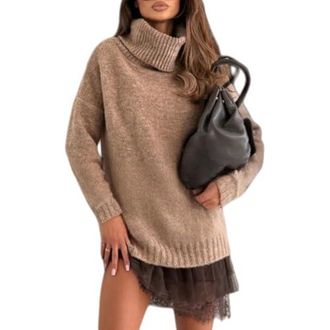 Generic Ensemble de 2 pièces mini robe pull à col roulé pour femme, mini robe en tricot à col roulé avec bordure en dentelle, kaki, 3XL