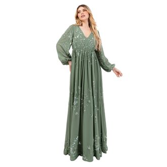 Maya Damen Womens Maxi Ladies V-Neck Long Blouson Sleeve Sequin Embellished Empire A-line Wedding Guest Bridesmaid Prom Dress, Deep Mint, 36 EU
