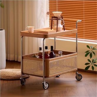 Generic Rollbarer Couchtisch, Rattan-Couchtisch mit Rollen, rollbarer Rattan-Bartisch mit Aufbewahrungskorb, Boho-Beistelltisch aus Holz f&uuml;r Wohnzimmer, Schla