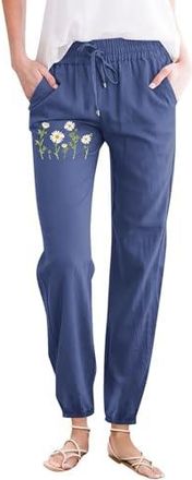 Generic Pantalon en coton et lin pour femme - Jambe large - Pantalon de plage d&eacute;t&eacute; pour femme - Confortable - Pantalon de yoga Palazzo XIYU26033, bleu, 3XL