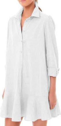 Generic Womens Tunic Shirt Mini Dress Long Sleeve Cotton Short Dress Button Up Ruffle Hem Dresses Trendy Ladies Shirts Dresses Summer Clothes (White, S)
