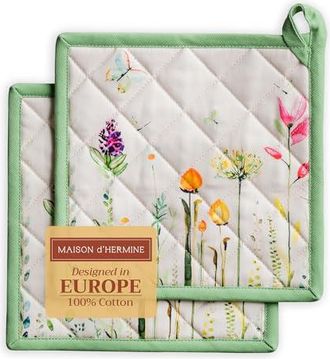 Maison d'Hermine Botanical Fresh Lot de 2 maniques, 100% Coton, pour Barbecue, Cuisson, Four, Micro-Ondes, grillades, Printemps/&eacute;t&eacute;, P&acirc;ques, (20cm x 20cm)
