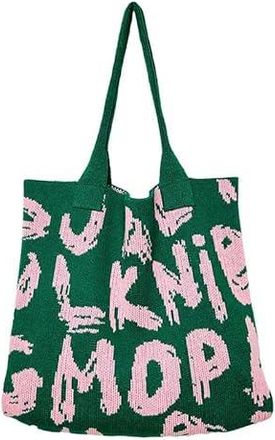 Generic Garhomtur Sac fourre-tout en tricot avec lettres imprimées pour femme Style bohème Sac à main de plage Sac Hobo Sac à bandoulière, Vert et rose