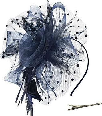 Dreshow Fascinator Chapeau Plume Mariage Dames Day Bandeau et Clip Cocktail Tea Party Chapeau pour Fille et Femmes,Taille unique,Bleu-Navy