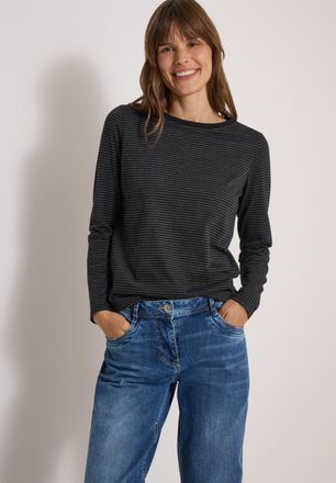Cecil Langarmshirt CECIL, Damen, Gr. XXL (46), schwarz, Web, 80% Baumwolle, 20% Polyester, gestreift, comfort fit normal, U-Boot-Ausschnitt, abgesteppt, Shi