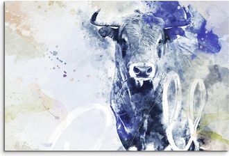 Paul Sinus Art Bild Leinwand 120x80cm Mächtiger Stierkopf in Blautönen mit Kalligraphie