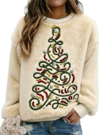 Generic Sweat-shirt de No&euml;l en flanelle avec imprim&eacute; chat pour femme, style d&eacute;contract&eacute;, &eacute;l&eacute;gant, doux et chaud, pull de No&euml;l fantaisie &agrave; col rond, haut de va