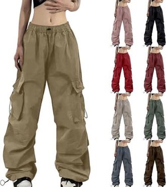 Generic Pantalon baggy Y2K pour femme - Pantalon de parachute baggy - Pantalon cargo Y2K - Jambes larges - Vintage - Taille élastique - Pantalon de parachute 