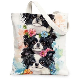 Generic Sac fourre-tout en toile motif chien japonais pour faire du shopping, 33 x 38,1 cm, sac d&eacute;picerie r&eacute;utilisable &agrave; motif floral pour femme, peinture dan