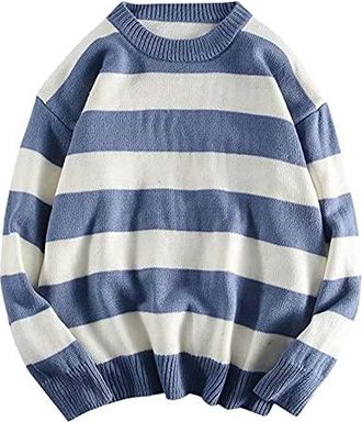 Generic Pull en tricot rayé pour homme - Pull à col rond texturé - Pull chaud à manches longues rayé en coton doux - Pull décontracté à col rond - Pull léger 