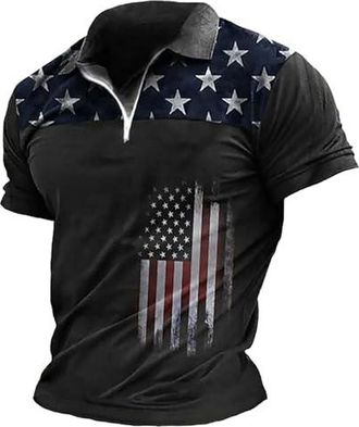 Generic Chemise pour homme avec fermeture éclair - Imprimé graphique - Drapeau américain - Noir - Vin bleu - Extérieur - Route - Manches courtes - Fermeture é