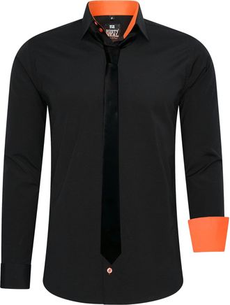 Rusty Neal Herren-Hemd Premium Slim Fit Langarm Stretch Kontrast Hemd mit Krawatte Business-Hemden Outfit Freizeithemd Set 44_99, Gr&ouml;&szlig;e:4XL, Farbe:Schwarz/Orange