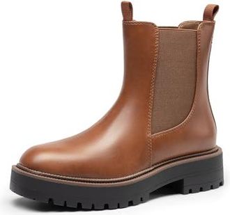 Dream Pairs Bottes Femme Chelsea Confortables à Talon Bas Chaussures à Enfiler Style Classique Bottines à Cheville pour Automne Hiver,Size 38.5,Marron-PU,SDAB2412