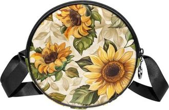 Generic Petit sac &agrave; bandouli&egrave;re rond pour femme, motif tournesol avec fermeture &eacute;clair, bretelles r&eacute;glables, style d&eacute;contract&eacute;, pour femmes et filles