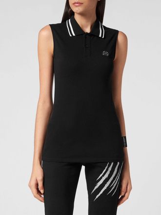 Plein Sport Polo sans manches en coton avec logo paillet&eacute; et col &agrave; rayures