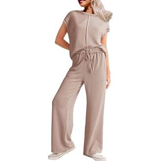Generic Ensemble de v&ecirc;tements de d&eacute;tente pour femme - Pantalon d&eacute;t&eacute; fin en coton et lin respirant et confortable &agrave; manches courtes - Ensemble de gym pour femm