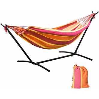 OUTSUNNY Hamac de jardin avec support en m&eacute;tal &eacute;poxy hamac sur pied 1 place charge max. 120 Kg sac transport rouge