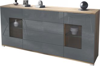Vladon Sideboard Grömitz V2, Kommode mit 2 großen Türen und 4 Schubladen, Eiche Evoke/Grau Hochglanz (166,5 x 75,5 x 35)
