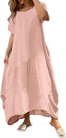 Onsoyours Femme Coton Robe Ete à Manche Courte Robe Tunique Chic col Rond Couleur Unie Boho Robe Maxi Longue Plage Robe avec Poches C Rose XL