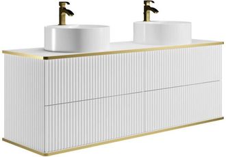 Vente-Unique Meuble de salle de bain suspendu strié liseré doré avec double vasque à poser ronde et 4 tiroirs - Blanc - 150 cm - KELIZA