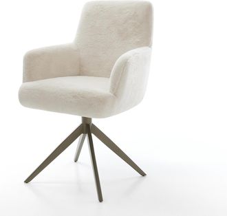 DELIFE Drehstuhl Heira-Flex mit Armlehnen Plüsch Creme-Weiß Kreuzgestell breit Effektfinish Titan 360° drehbar Wippfunktion Taschenfederkern, Esszimmerstühle