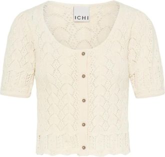 Ichi Ichi, Femme, Pulls, Beige, Taille: 38 FR Cardigan &agrave; Maille Ouverte et Ourlet Festonn&eacute;