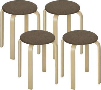 HOMCOM Lot de 4 tabourets ronds empilables de cuisine en bois avec siège rembourré pour salle à manger, chambre, bureau, salon Marron et naturel