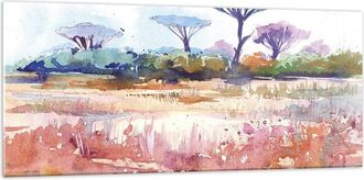 Arttor Wandbilder Dekoration Wohnzimmer Aquarell Savanne Bäume Panorama Bilder auf Glas 120x50cm Glasbild Schlafzimmer Küche Wand Kunstdruck Art Groß Wanddek