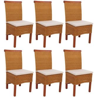 Hhg Lot de 6 chaises M42 salle à manger, rotin/bois, 46x50x96cm, avec coussins