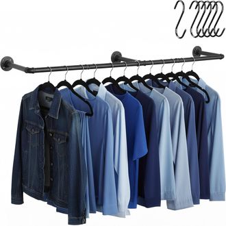 Relaxdays Kleiderstange Wandmontage, 183 cm, Industrial Design, 6 S-Haken, Schlafzimmer, Flur, Garderobenstange, schwarz