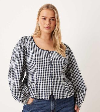 Nobody's Child Blouse &agrave; manches bouffantes et carreaux vichy - Noir et blanc-Brown