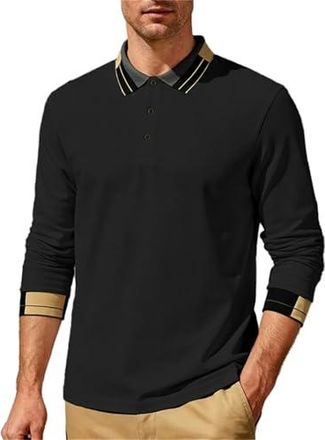 Generic Polo à manches longues décontracté pour homme, coupe ajustée, design basique, Noir, XXL