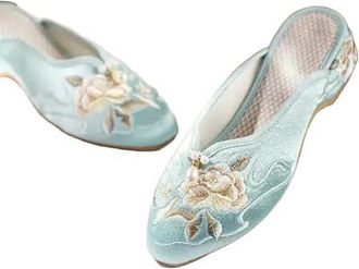 Generic QXDZSW Printemps Femmes Style Demi Ethnique Pointu Soie Satin Brodé Maison Tissu Pantoufles Casual, bleu, 38.5 EU