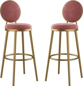 Generic Barhocker-Set (2Er-Pack) - Rosa Metall-K&uuml;cheninselst&uuml;hle mit Gepolstertem Samtkissen, Runder R&uuml;ckenlehne Und Fu&szlig;st&uuml;tze, Stilvolle Fr&uuml;hst&uuml;cksm&ouml;bel