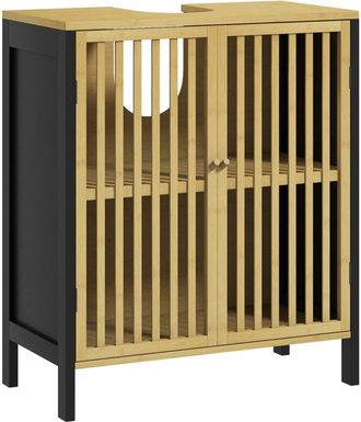 HOMCOM Homcom - Meuble sous vasque 60L MDF noir - 2 portes en bambou verni - &Eacute;tag&egrave;re r&eacute;glable 3 niveaux - Charge max 30 kg