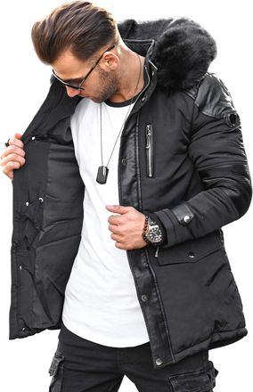 Rello & Reese Herren Winterjacke Parka mit Fell-Imitat Jacke Mantel PH-1706 [Schwarz