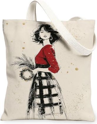Generic Sacs fourre-tout vintage en toile artistique, motif femme &eacute;l&eacute;gante, sacs d&eacute;picerie r&eacute;utilisables, toile l&eacute;g&egrave;re et lavable pour les vacances, Beige, 13