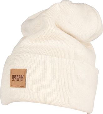 Urban Classics Unisex Strickm&uuml;tze Leatherpatch Long Beanie Elfenbein (Sand 208), One Size (Herstellergr&ouml;&szlig;e: One Size)