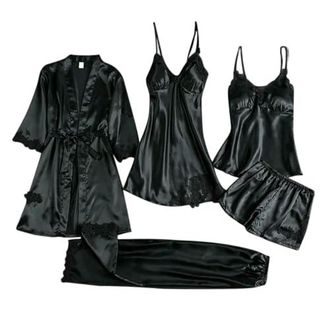 Generic YUJIEBB Ensemble de pyjama 5 pi&egrave;ces en satin pour femme en dentelle patchwork bril v&ecirc;tements de nuit de mariage rayonne v&ecirc;tements de nuit et robe de n