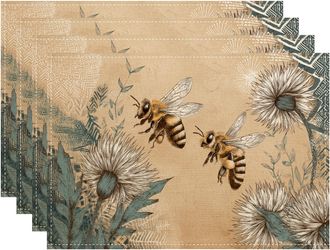 Generic Biene und Blumen Tischsets Rustikale Vintage Botanische Tischsets f&uuml;r Esstisch Fr&uuml;hling Sommer rutschfest Waschbar Indoor Outdoor K&uuml;che Party Dekorati