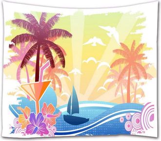 A.Monamour Wandteppiche Tropische Insel Blau Ozean Strand Palme Silhouette Natur Landschaft Textil Stoff Wandbehang Tapisserie Vorhänge Tischdecke Bettdecke Stra