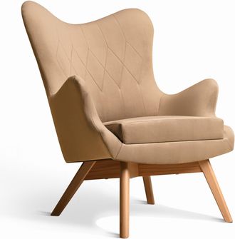 MG Design Ohrensessel aus Samt in Hellbraun - Bequemer Polstersessel mit Holzbeinen, hoher R&uuml;ckenlehne & weichem Samtbezug f&uuml;r Wohnzimmer oder Schlafzimme