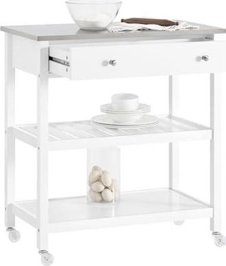 SoBuy Desserte Cuisine à roulettes Îlot Central avec Plateau Acier INOX, Tiroirs et Étagères Ouvertes, Chariot de Service et Meuble de Rangement pour Cuisin