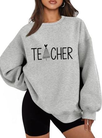 Generic Sweat-shirt de Noël en polaire pour enseignante, motif arbre de Noël, vacances, vacances, col ras-du-cou, haut, gris, 3XL