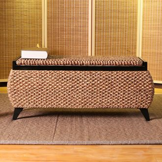 Generic Rustikale, Handgefertigte Rattan-Aufbewahrungsbank Mit Massivholzrahmen, 77 L Schuhhocker for Schlafzimmer, Wohnzimmer, Eingangsbereich (90 X 35 X 40 