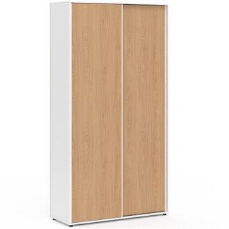 IDMarket Armoire 2 portes coulissantes SLIDEA blanc et bois penderie 100 cm avec &eacute;tag&egrave;res rangement maxi capacit&eacute;