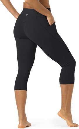 Lapasa Damen Capri 3/4 Sport Leggings hoher Bund Push Up High Waist Taschen L02B1 (Schwarz, XL)